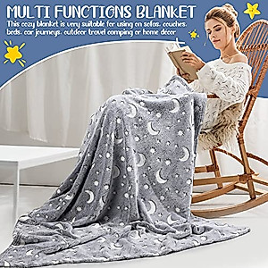 Chumia 2 Pieces Glow in The Dark Throw Blanket Flannel Fleece Blanket Soft Warm Cozy Kid Throw Blanket for Boys Girls, 47 x 59 Inch (Moon, Star)