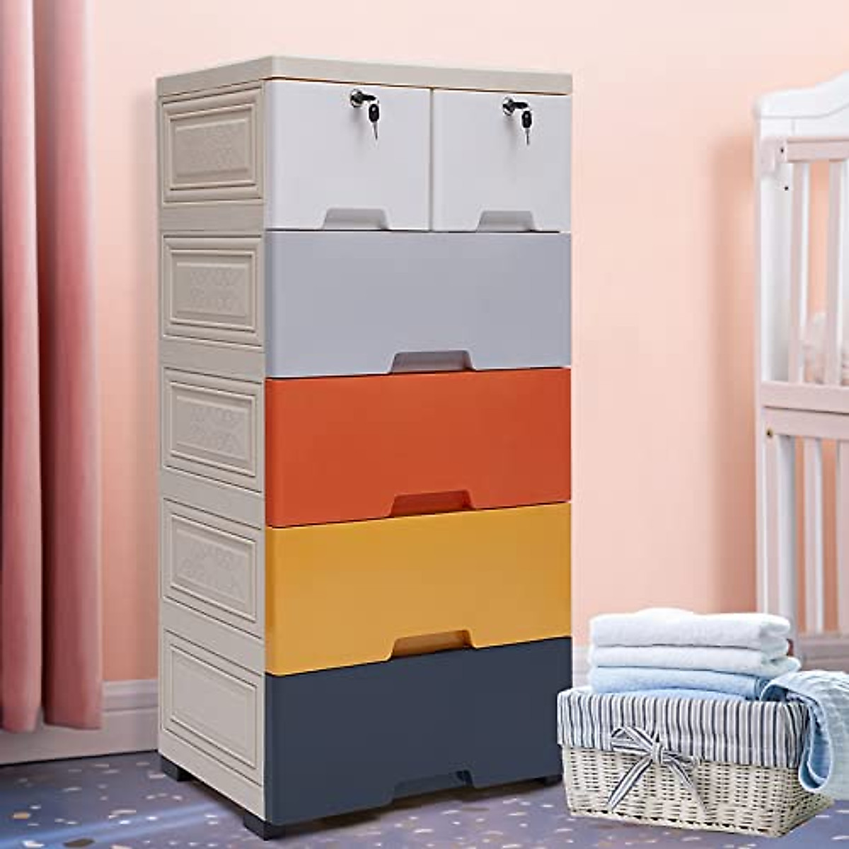 Plastic Dressers with 6 Drawers Storage Cabinet Tall Dresser with Wheels & Lock for Clothes, Bedroom, 19.69 * 13.78 * 40.16inch (Style 2)