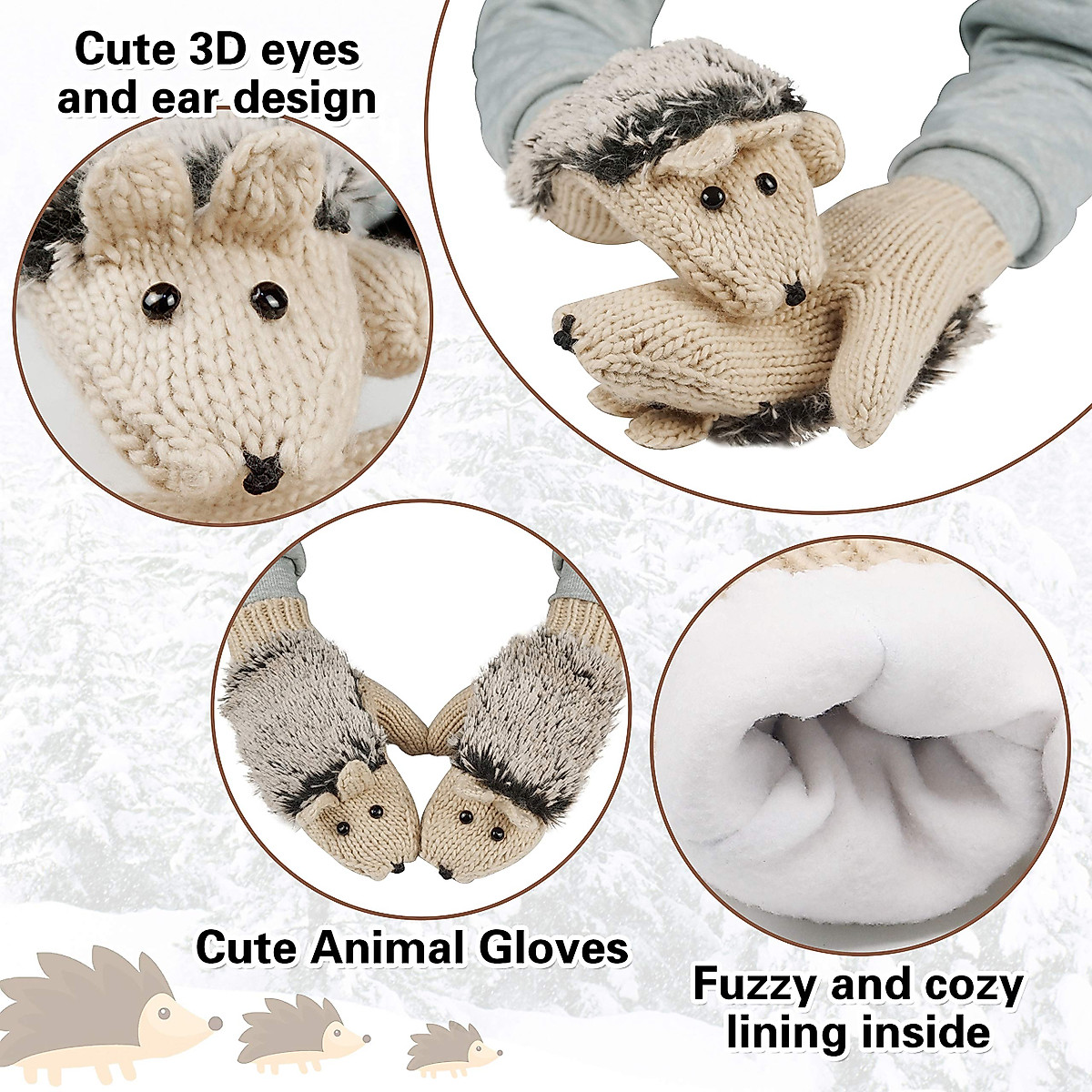 Winter Gloves Mittens Like Lovely Hedgehog For Women, Beige