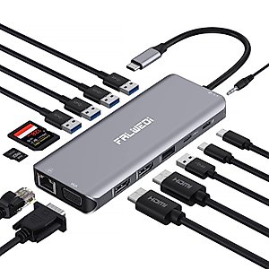 USB C Laptop Docking Station, 14 in 1 Type C Hub Multiport Adapter Dongle with 3 Monitors, Dual HDMI, VGA, PD, Ethernet, SD/TF, USB C/A Ports, Mic/Audio, Compatible for Dell/Surface/HP/Lenovo Laptops
