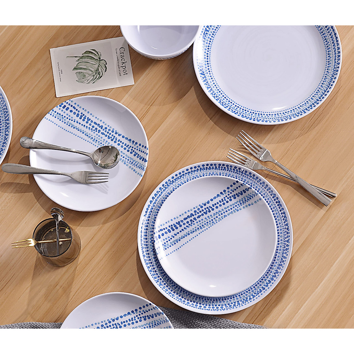 Melamine Dinnerware Sets, 12Pcs Plates and Bowls Sets Dinnerware Sets for 4 Indoor and Outdoor Use Dishwasher Safe Raindrops Design