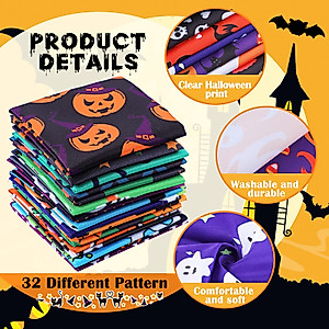 32 Pieces 10 x 10 Inches Halloween Fabric Holiday Quilting Fabric Halloween Fat Quarters Printed Fabric Sewing Craft Fabric Bat Pumpkin Ghost Skull Fabric for DIY Halloween Decor Patchwork Supplies