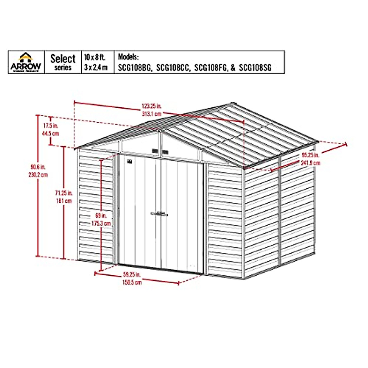 Arrow Select 10' x 8' Outdoor Lockable Steel Storage Shed Building, Charcoal