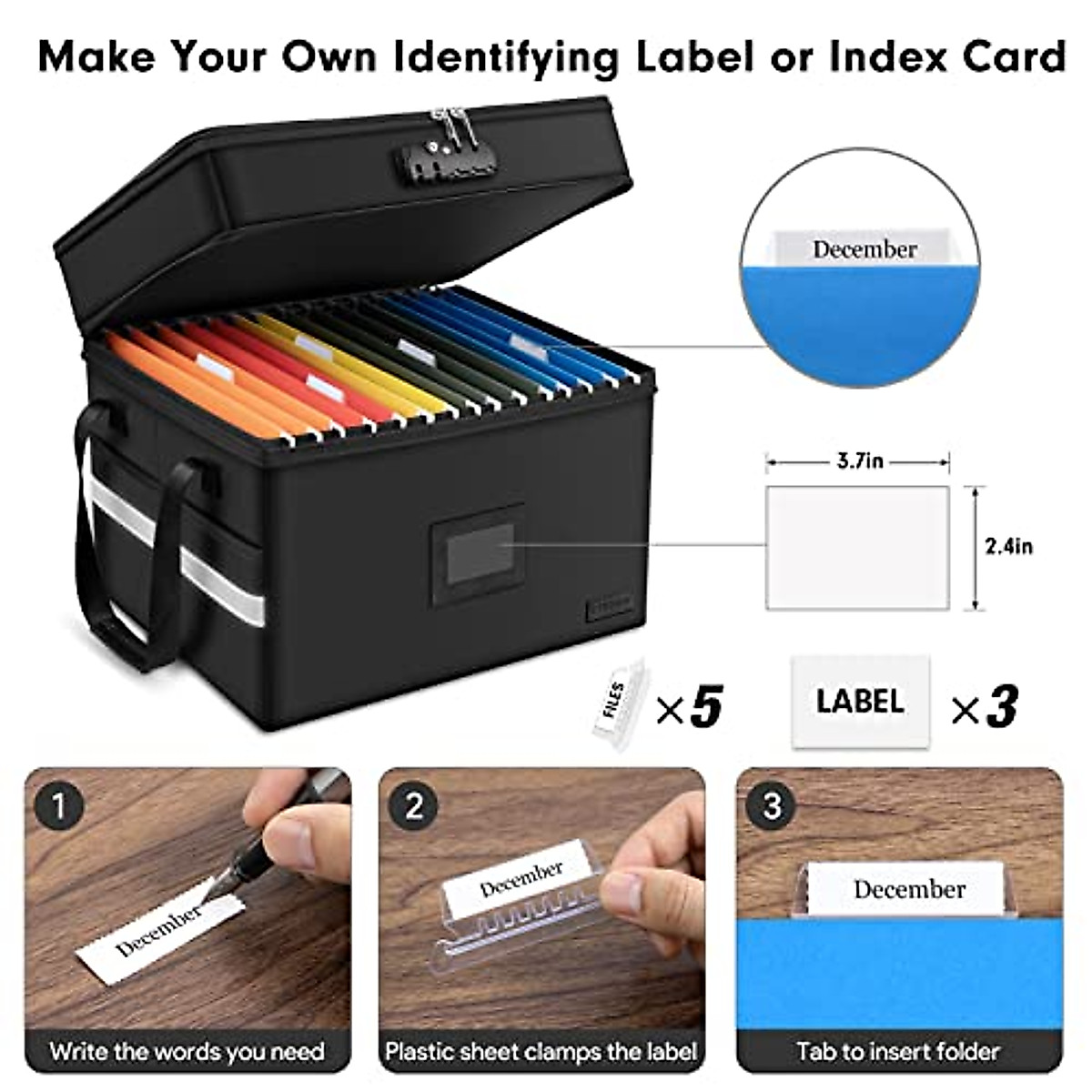 Fireproof Document Box with Lock, ETRONIK 2 Layer File Box Organizer with 5 Tab Inserts, Portable Office Collapsible File Storage with Reflective Strip for Hanging Letter/Legal Size Folder/Certificate