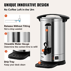 VEVOR Commercial Coffee Urn, 65Cups/10qt Stainless Steel Large Coffee Dispenser, 1500W 110V Electric Coffee Maker Urn For Quick Brewing, Hot Water Urn with Water Gauge for Easy Viewing
