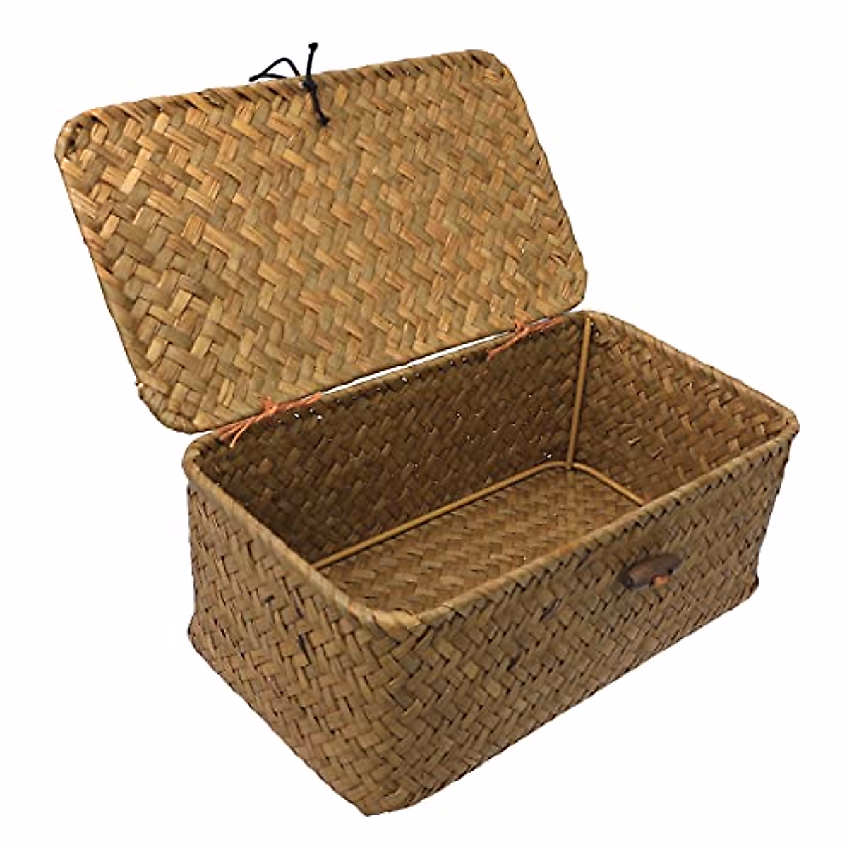 Alipis Desktop Stand Storage Drawers Straw Basket with Lid Seagrass Storage Basket Bins, Desktop Makeup Organizer Sundries Storage Box Rattan Lidded Box Shelf Bracket Small Basket