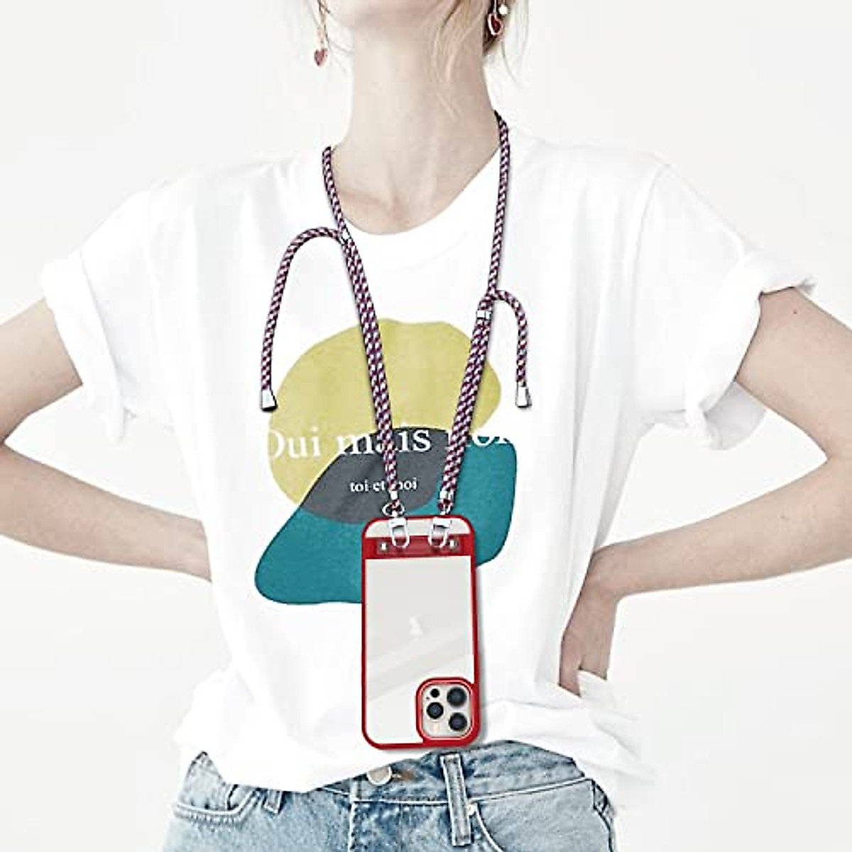 DOB SECHS Phone Case for iPhone 12 with Strap, Crossbody Phone Case for iPhone 12 Pro, Clear Hard Acrylic PC Cover Slim Case Neck Lanyard Phone Case for Women, Adjustable Detachable Strap, Red