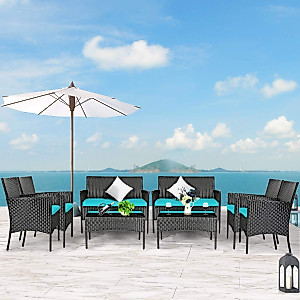 Tangkula 8 Piece Patio Furniture Set, Outdoor Wicker Conversation Set with Tempered Glass Coffee Table, Rattan Loveseat & Chairs Set with Seat Cushions for Backyard, Garden, Poolside (2, Turquoise)