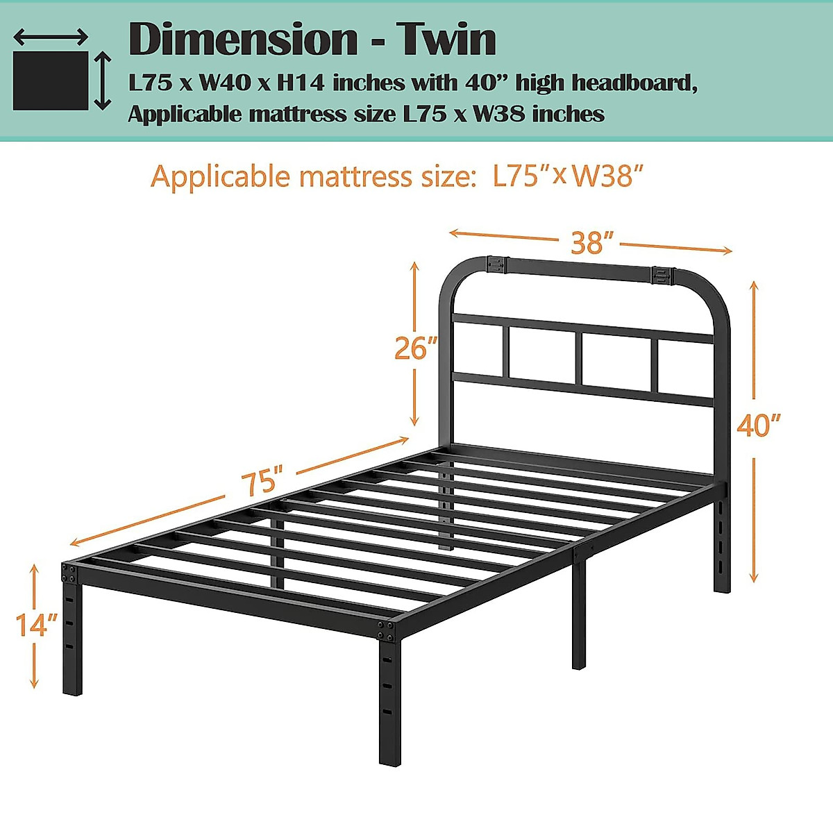 COMASACH Twin Bed Frame with headboard, 14 Inch High 3500lbs Heavy Duty Steel Slats Support Metal Bed Frames No Box Spring Needed,Noise-Free,Easy Assembly-Black