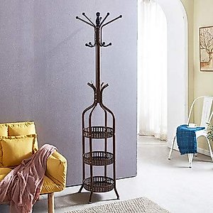 Metal Coat Rack Stand Entryway Hall Tree Coat Tree with Hook and 3-Tier Storage Shelves for Hat Clothes Purse Scarves Handbags Umbrella White (Brown)