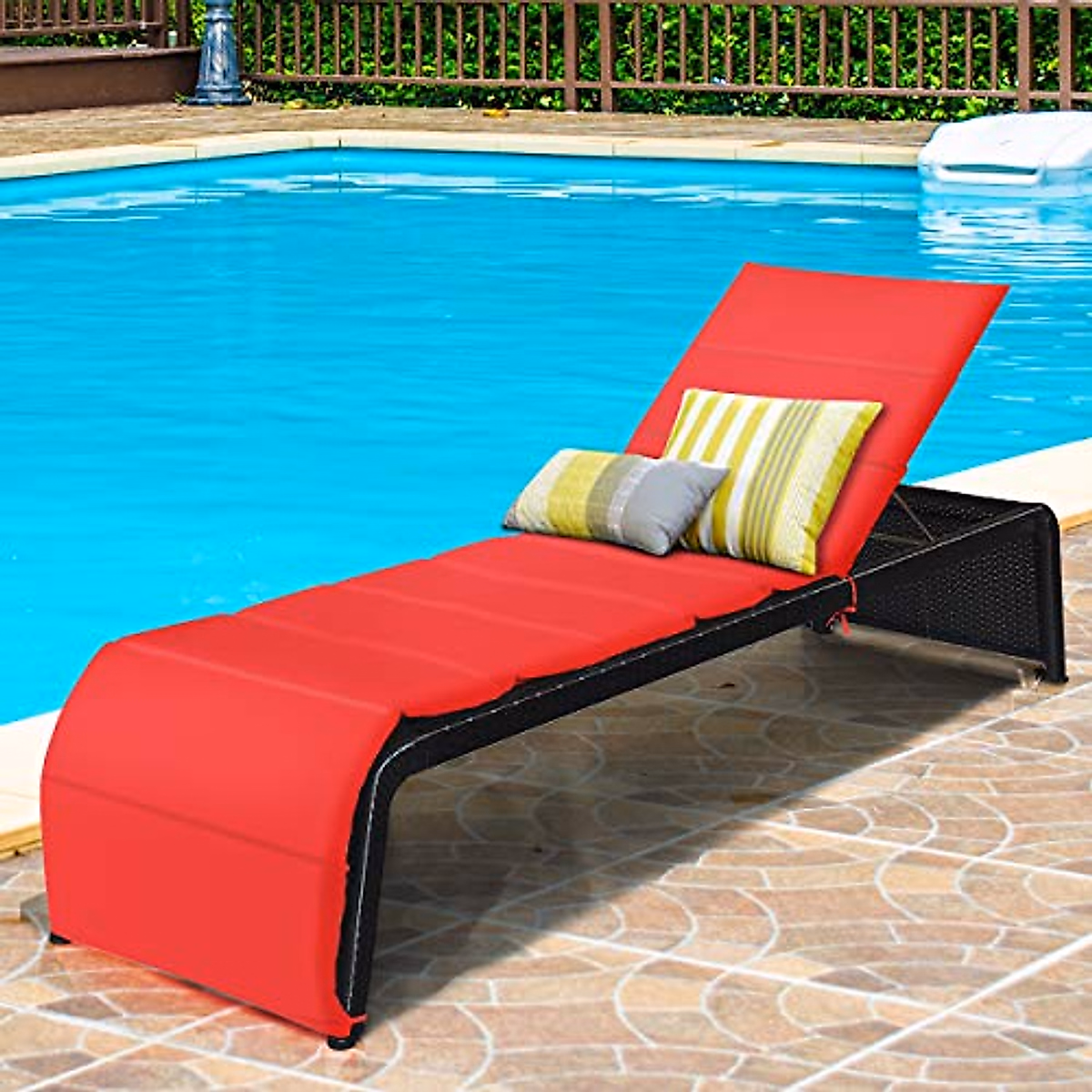 Tangkula Outdoor Chaise Lounge Chair, 5-Position Adjustable Rattan Recliner Chair w/Cushioned Seating and Adjustable Feet, Multifunctional Couch Furniture for Garden, Patio, Poolside (1, Red)