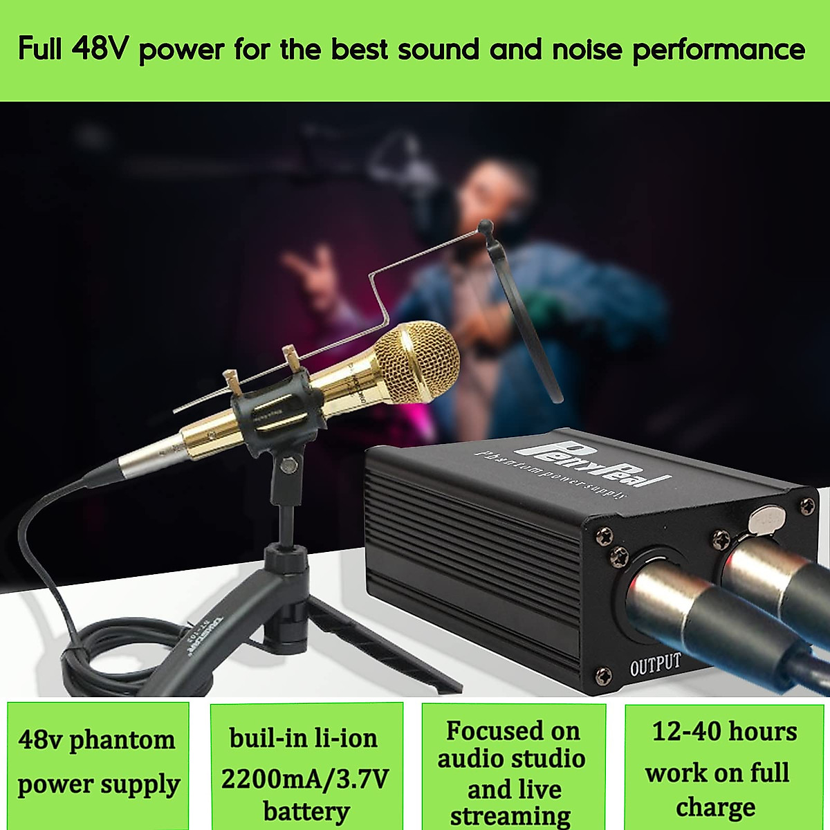 penypeal Rechargeable Phantom Power Supply 48V 1-Channel Up to 40 Hours of Use, Low Noise for Any Condenser Microphones, Recording, Audio Equipment, black (PT2)