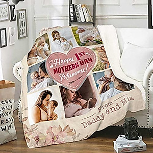 Basilius Happy 1st Mothers Day Blanket Custom Photo, Personalized First Mothers Day Blanket for Daughter for Wife, Photo Collage Blanket Throw for New Mom, 1st Time Mom Gifts