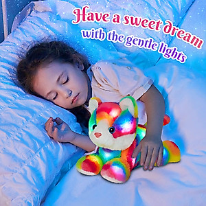 Glow Guards 13'' Light Up Rainbow Cat Plush Toy with LED Night Light & Lullaby for Kids, Soft Stuffed Animal Christmas & Birthday Gift