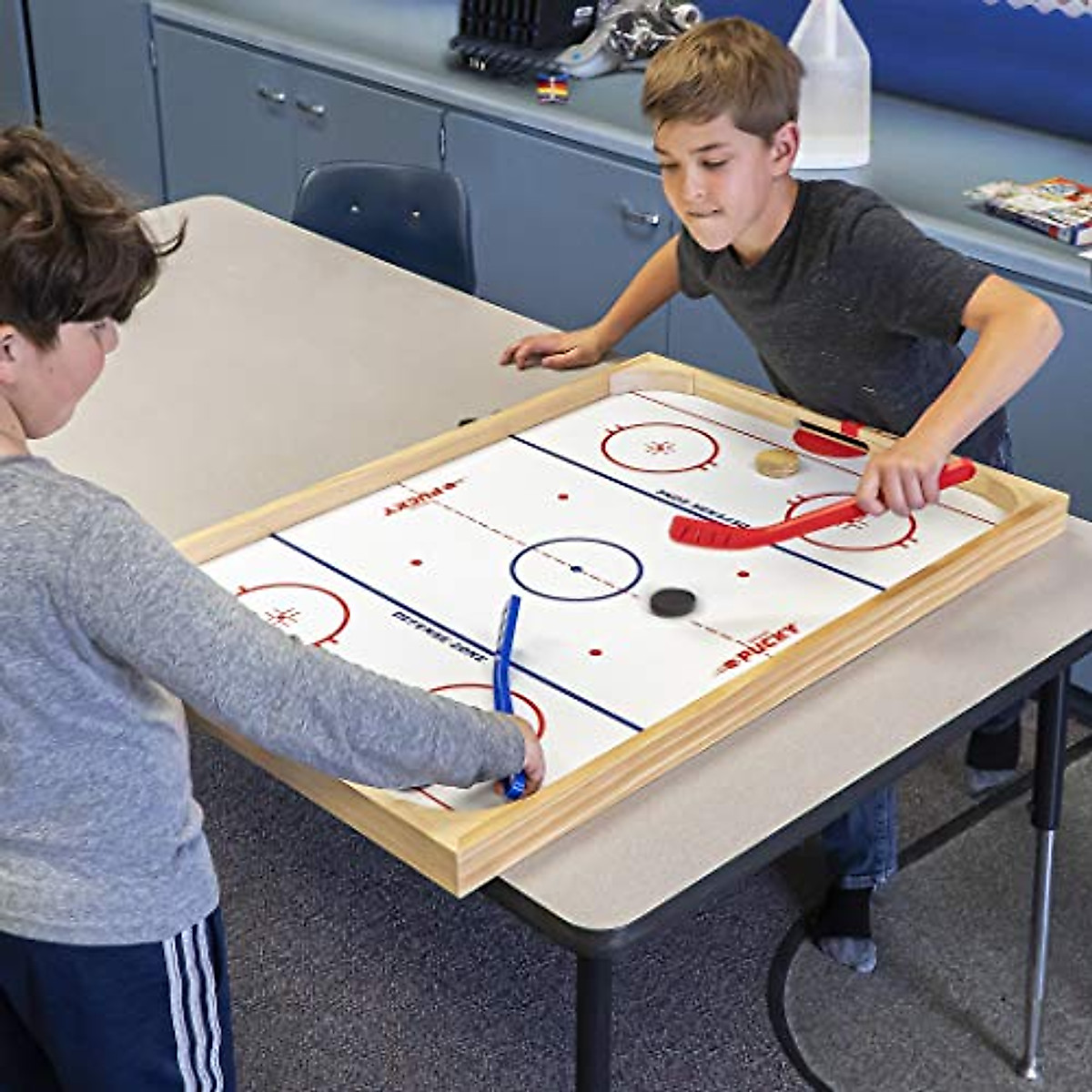 GoSports Ice Pucky Wooden Tabletop Hockey Game for Kids & Adults - Includes 1 game board, 2 Hockey Sticks & 3 Pucks