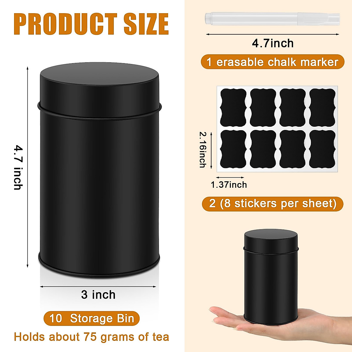 10 Pcs Tea Tin Canister Metal Tea Canister Round Tin Can with Airtight Lid Tea Double Sealed Tea Canisters, with 1 Erasable Chalk Marker and 16 Stickers for Loose Leaf Tea Coffee Sugar, 16 oz