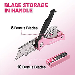 WORKPRO Utility Knife Blades, SK5 Steel, 100-Pack with Dispenser & WORKPRO Pink Folding Utility Knife with 15 Extra Blades