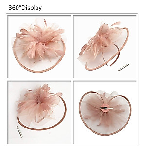 SAFERIN Fascinator Hair Clip Cocktail Hat Bowler Feather Flower Derby Kentucky Veil Wedding Party Hat Tea Fascinators (a-Skin Pink)