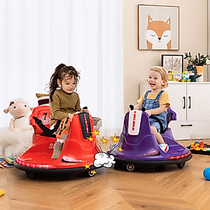 Costzon 12V Kids Ride On Bumper Car, Electric Bumper Car w/Dual Joysticks, Remote Control, 360° Spin, Slow Start Function, LED Lights & Fun Music, Adjustable Safety Belt, Soft Bumper (Purple)