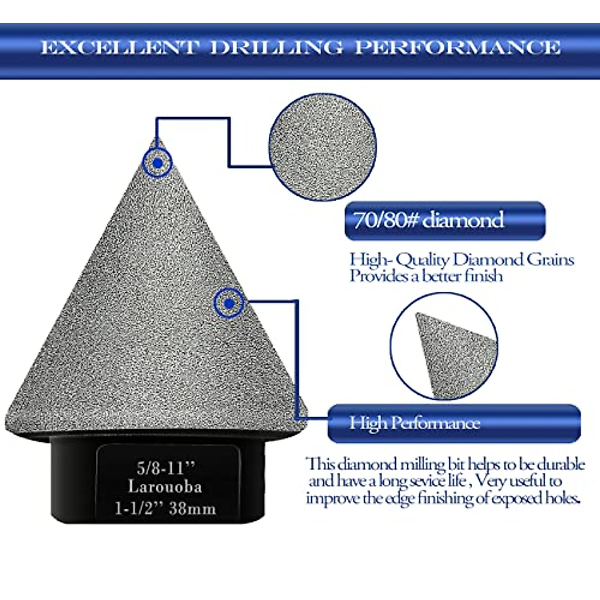 Larouoba 50mm 2" Dry Diamond Beveling Chamfer Bit, Countersink Drill Bit for Enlarging Trimming in Porcelain, Ceramic Tiles Hole 5/8"-11 Thread for Angle Grinders & SDS Adapter for Drills (Black).