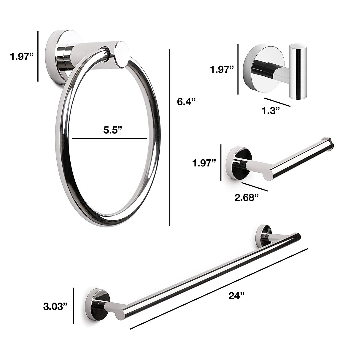 MARMOLUX ACC Bathroom Hardware Set Towel Racks 4 Pieces Hand Towel Ring Holder-Toilet Paper Holder-Towel Hook-Towel Bar Heavy Duty Wall Mount Bathroom Accessories SUS 304 Stainless Steel Mirror Finish