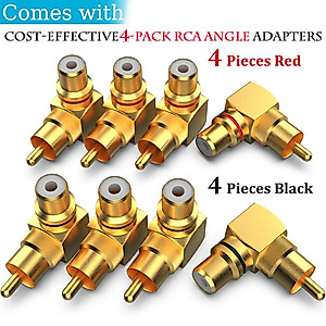 Warmstor RCA Right Angle Adapter, Gold-Plated 8-Pack 90 Degree Metal RCA Male to RCA Female Connector Adapter (4 Black + 4 Red)