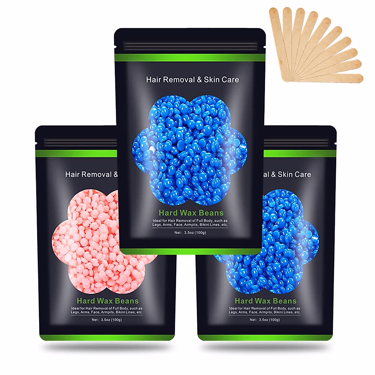 Wax Beads for Hair Removal 10.5 oz (300 g), Auperwel Hard Wax Beads for Sensitive Skin Brazilian, Face, Bikini, Eyebrow, Legs, Painless Waxing Beads for Women Men, 3 packs Wax Kit with 10 Wax Sticks