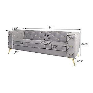 AVZEAR Large Sofa, Mid Century Modern 3 Seater Sofa 84'' Velvet Upholstered 3-Seater Living Room Sofa with Button and Copper Nail on Arms and Back for Living Room Bedroom Small Apartment Office, Grey