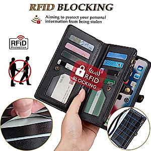 DKDKSIP for iPhone 14 Pro Max Wallet Case for Women, Support Wireless Charging with RFID Blocking Card Holder, Leather Zipper 2 in 1 Detachable Magnetic Phone Case with Crossbody Strap Wristlet, Black