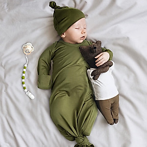 Newborn Baby Knotted Gown, Super Soft Silky Infant Long Sleeve Sleeper for Baby Girl and Boy Sleeping Bag with Mittens and Hat Set (Extra Long)