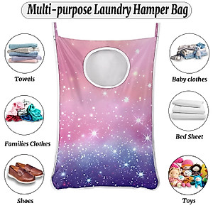 Xosoxruk Pink Purple Glitter Hanging Laundry Hamper Bag, Over the Door Laundry Basket with Hooks, Foldable Wall Hanging Laundry Bag, Hanging Hamper for Laundry Bathroom