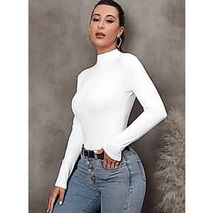 FOUGEDE Women's Mock Turtleneck Long Sleeve/Sleeveless/Half Sleeve/Short Sleeve/Crop Top Basic Fitted Stretch Slim Tops White