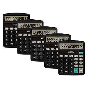 Large Desktop Calculators, 5 Pack, 12-Digit LCD Display, Angled Display Panel, by Better Office Products, Standard Function, Black, Dual Power with Included AA Battery Power, 5 Pack