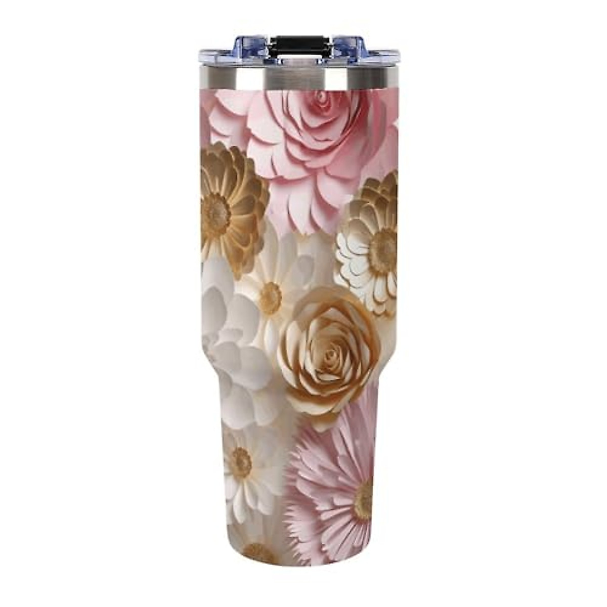 NVBSKKDH Pink White Gold Flowers 40 Oz Stainless Steel Tumbler with Handle & Straw Double-Walled Vacuum Insulated Travel Mug for Hot/Cold Drinks, Reusable Thermal Cup for Car Cup Holder