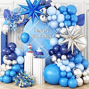 Blue Silver Balloon Arch Garland Kit, Navy Blue Silver Blue Pastel Blue Latex Party Balloon with Silver Blue Star Foil Balloon for Birthday Baby Shower Wedding Graduation Anniversary Party Decor