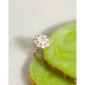 YoTreasure 7x9 MM Rainbow Moonstone & White Topaz 14k Gold Over 925 Silver Ring