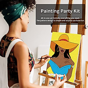 VOCHIC Canvas Painting Kit Pre Drawn Canvas for Paint Adult Party Kits Paint and Sip Party Supplies 8x10 Canvas to Paint Afro Queen 8 Acrylic Colors,3 Brush,1 Pallet Girl Paint Art Set