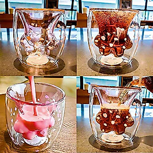 Cat Paw Cup Cute Mug Sakura Cup Double Wall Coffee Mugs Cat Foot Milk Glass Sakura Cup Gift for Coffee Tea