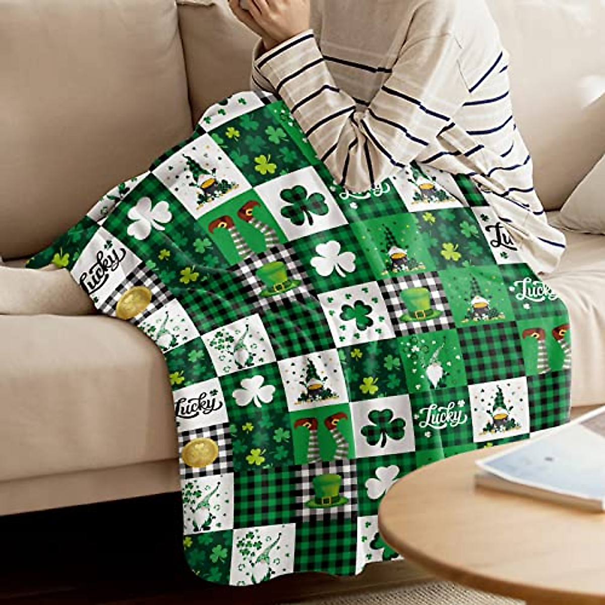 Green Buffalo Plaid Clover Soft Fleece Throw Blankets for Couch, Saint Patrick Microfiber Bed Blanket, St. Patrick's Day Gnome, 40x50inch Flannel Blanket Cover for Sofa Travel, for All Seasons