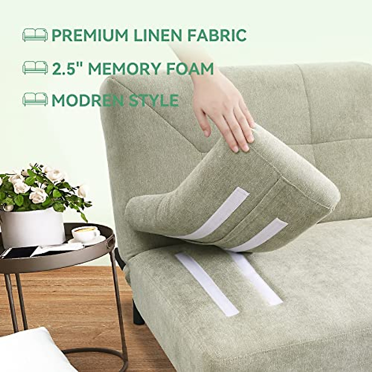 Opoiar Futon Sofa Bed, Modern Convertible Armrests Sleeper Couch with 2 Cup Holders,Loveseats Couch for Compact Space,Studio,Apartment,Office,Living Room,Bed Room,Sage Grey (800LBS)