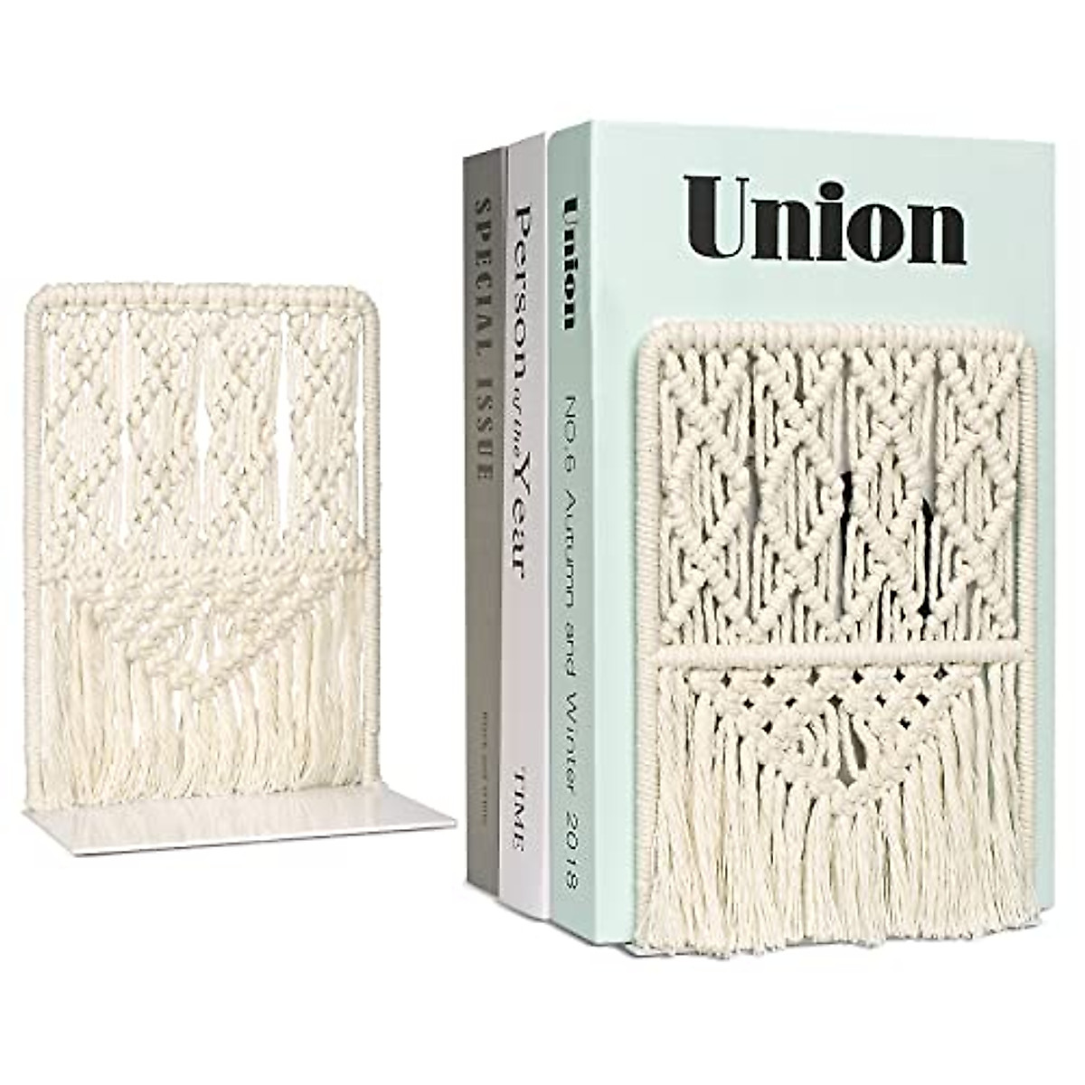 AELS Boho Macrame Bookends with Tassels, Heavy Duty Metal Book Ends, Decorative Unique Bookend Supports for Shelves, Stopper for Books/Movies/CD, Farmhouse Decoration