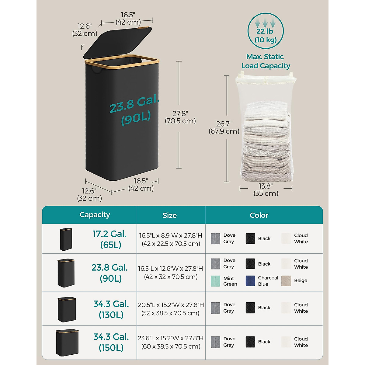 SONGMICS Laundry Hamper with Lid, Large Laundry Basket, 23.8 Gallons (90L), Removable Mesh Liner, Bamboo Handles, Collapsible, 16.5 x 12.6 x 27.8 Inches, Ink Black ULCB509B01