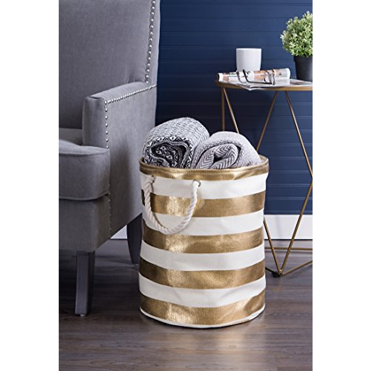 DII Collapsible Laundry Hamper/Storage Basket, Stripe Woven Paper, Gold Stripe, Large