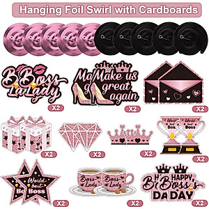 48 PCS Boss Day Decorations Pink and Black Happy Boss's Day Party Banner National Bosses Day Decorations for Women Office Hanging Streams Ceiling Swirls Rose Gold Glitter Supplies Favors Decor