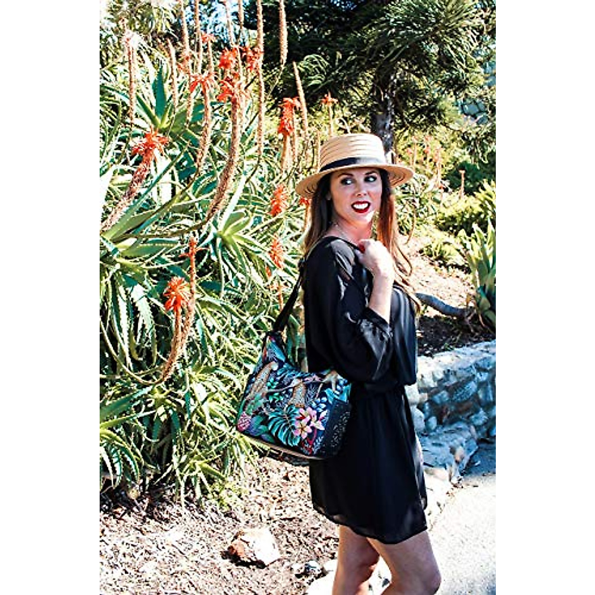 Anuschka Women's Hand-Painted Genuine Leather Classic Hobo With Studded Side Pockets - Jungle Queen