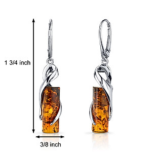 Peora Genuine Baltic Amber Dangle Earrings for Women 925 Sterling Silver, Cylindrical Drop Design, Rich Cognac Color, Lever backs
