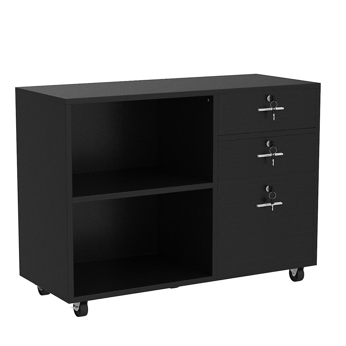 YITAHOME Wood File Cabinet, 3 Drawer Mobile Lateral Filing Cabinet, Storage Cabinet Printer Stand with 2 Open Shelves for Home Office Organization, Black