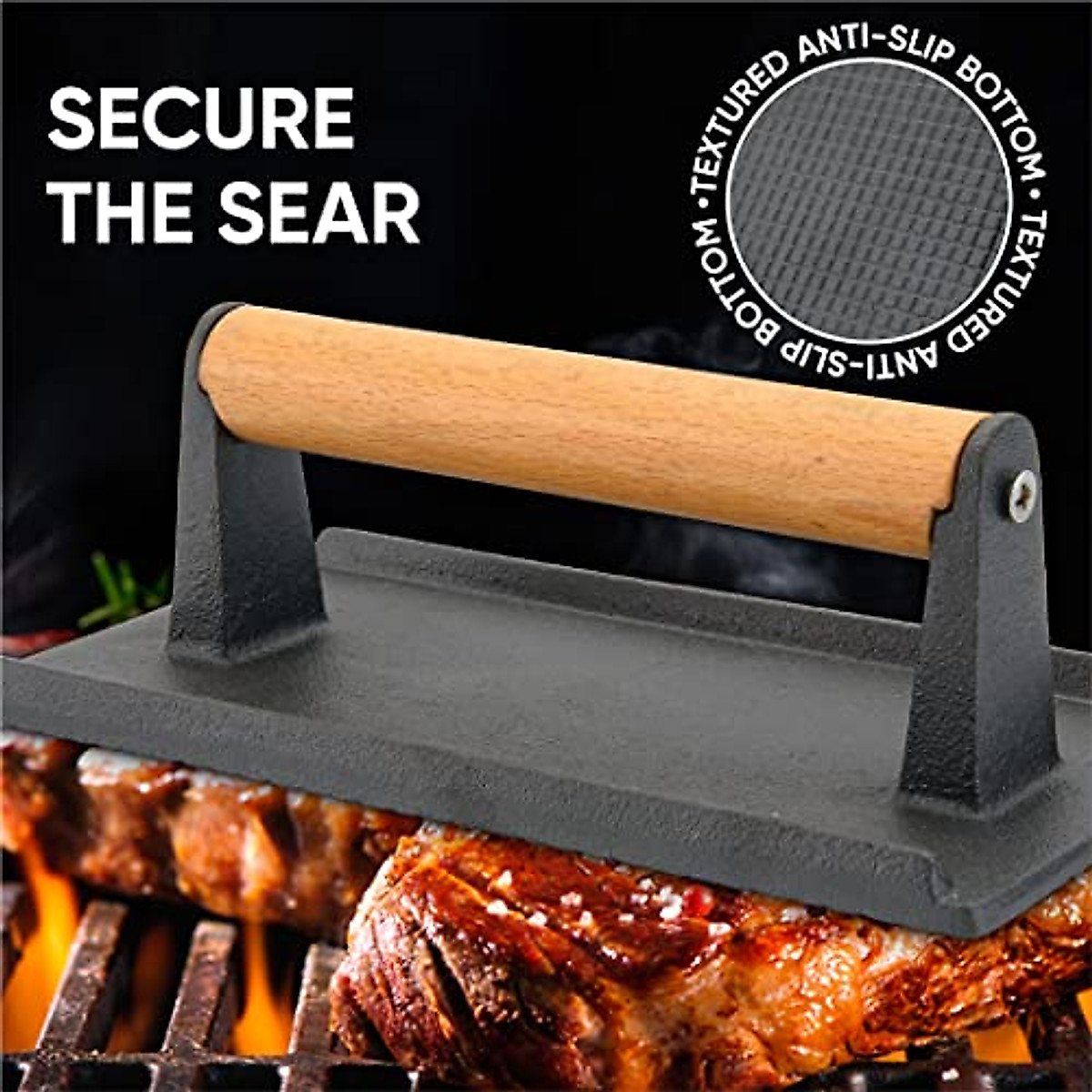 Alpine Cuisine Grill Press Cast Iron - 8x4.5in - Pre Seasoned with Wood Handle, Heavy Duty Steak & Burger Press, Perfect Gadget for Bacon, Paninis, Sandwiches & Vegetables - Weighs 2.9-pounds