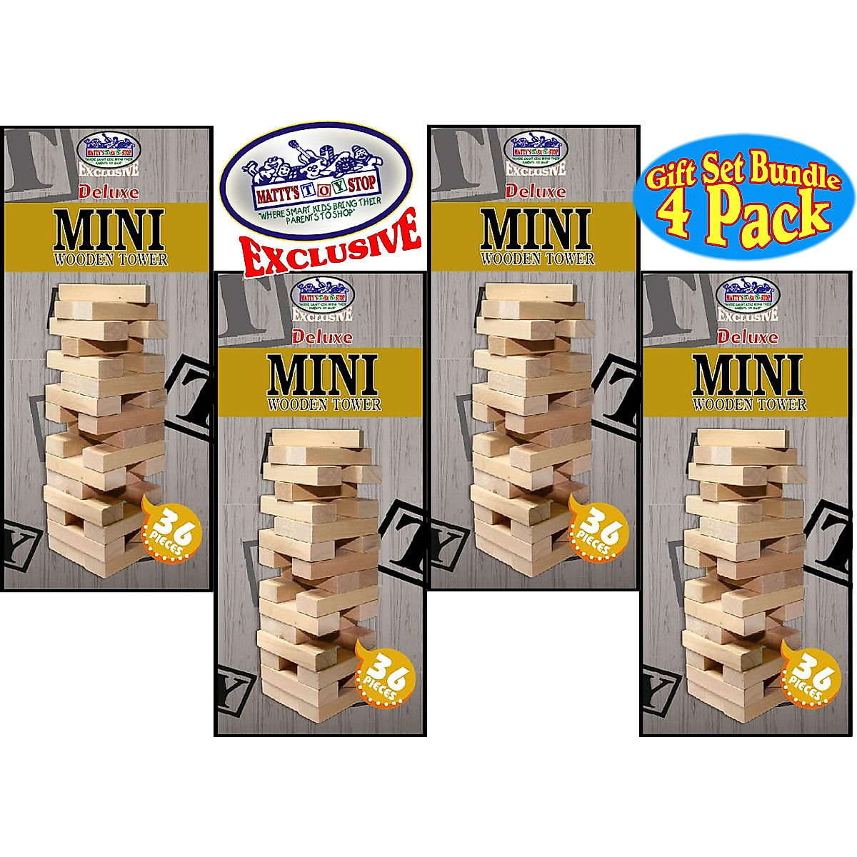 Matty's Toy Stop Mini Wooden Tower 36 Piece Stacking Game (4.25") Gift Set Party Favor Bundle - 4 Pack