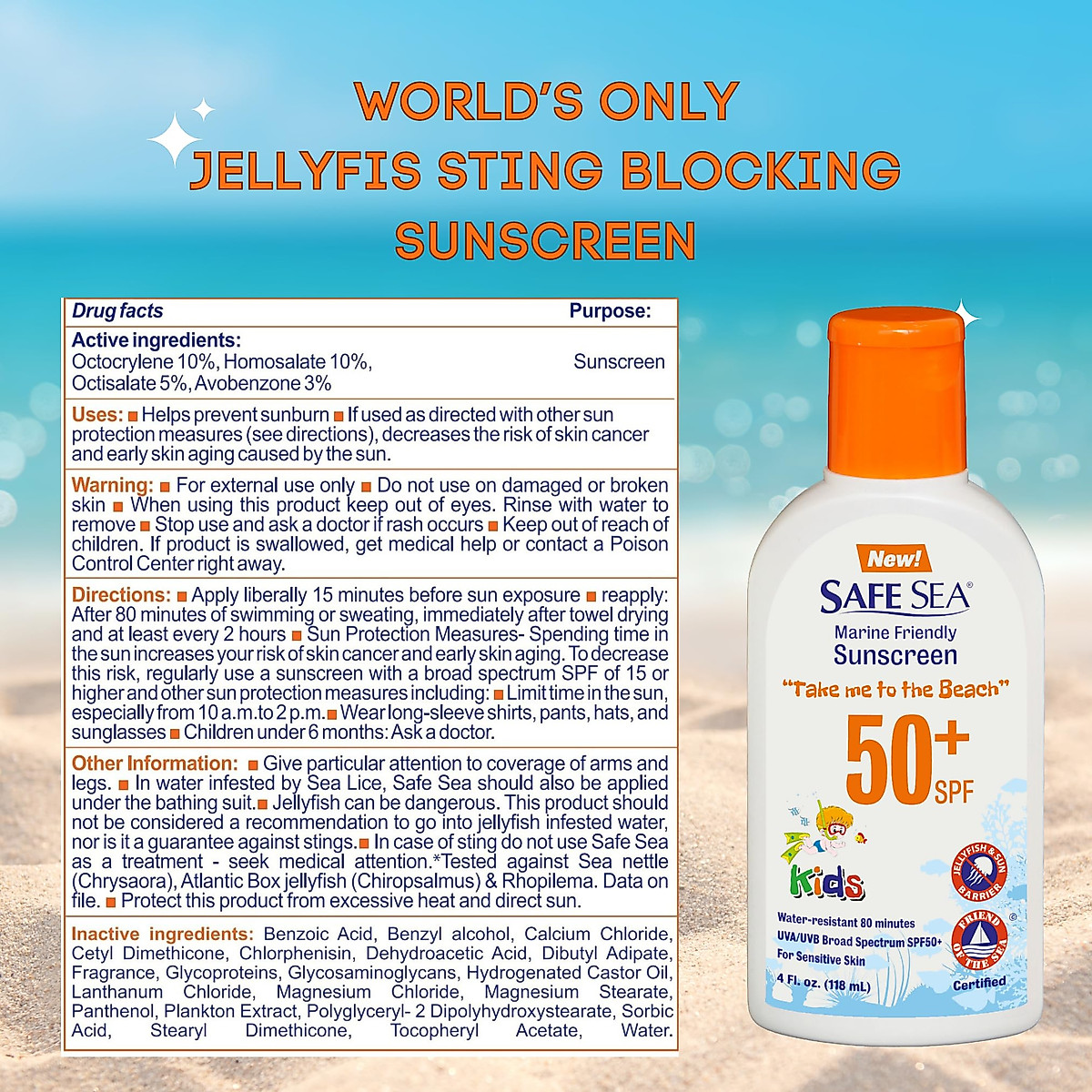 Safe Sea Jellyfish Sting-Blocking Sunscreen for Kids, SPF 50+ Lotion 4oz, Waterproof, Biodegradable, Coral Reef-Safe – Body and Face Sunscreen, Anti-Jellyfish and Sea-Lice sting protection.